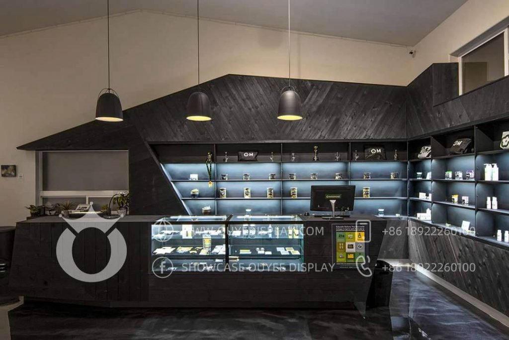 Vape shop interior design ideas-Wooden display counter design