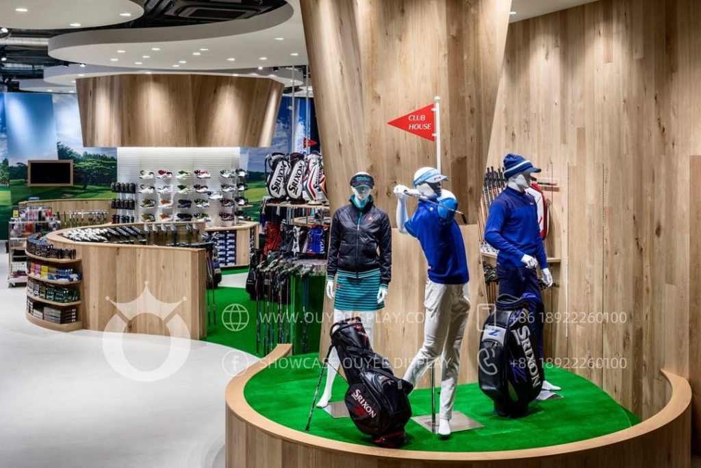Customizable golf shop interior decoration wood shelf