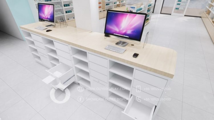 pharmacy display shelves for medical shop interior design