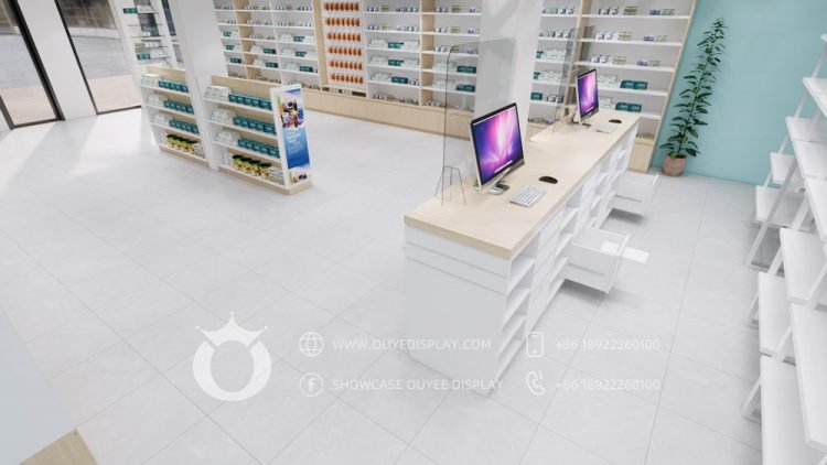 pharmacy display shelves for medical shop interior design