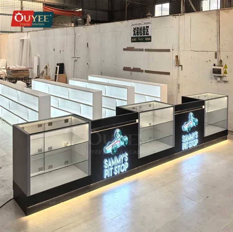 Black Front Retail Showcase Counter Set with Backlit Shelving | Custom ...